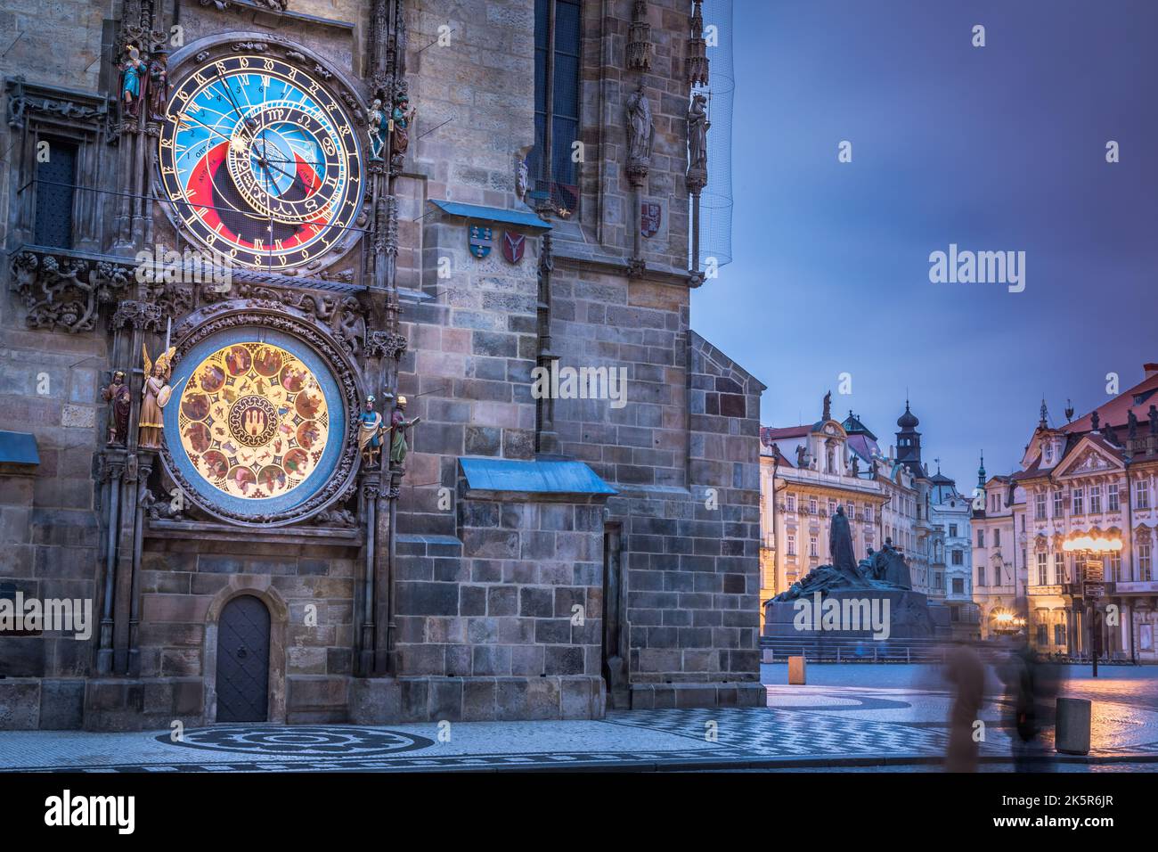 Astronomical clock in Prague old town square at dawn, Czech Republic ...