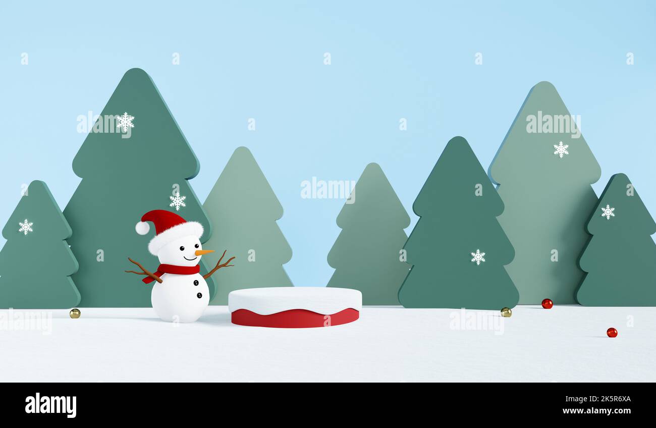 3D rendering snowman and Christmas product display stand with cute ...