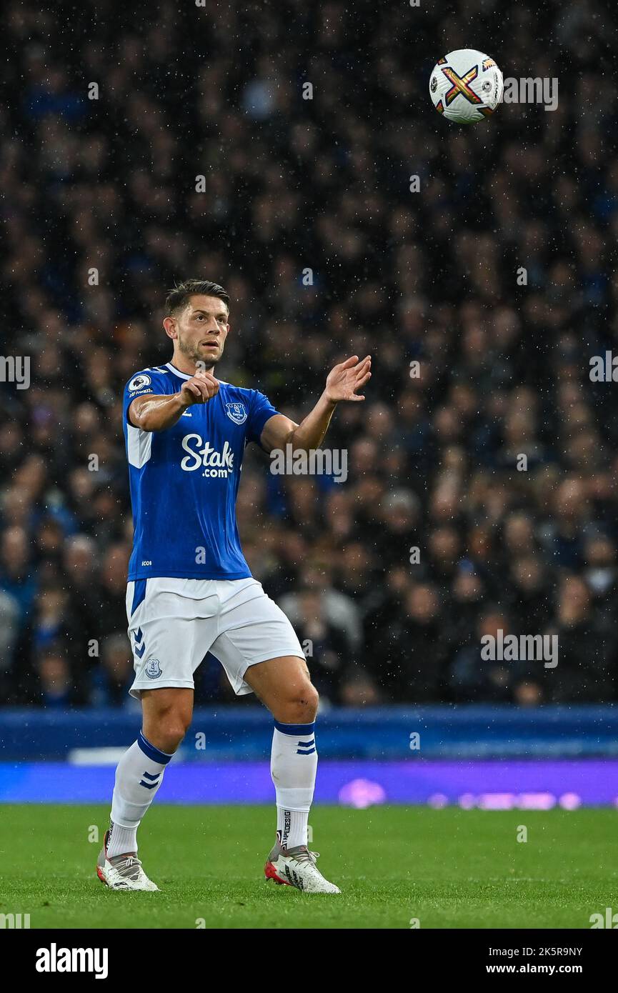 James Tarkowski #2 of Everton heads the ball clear during the Premier ...