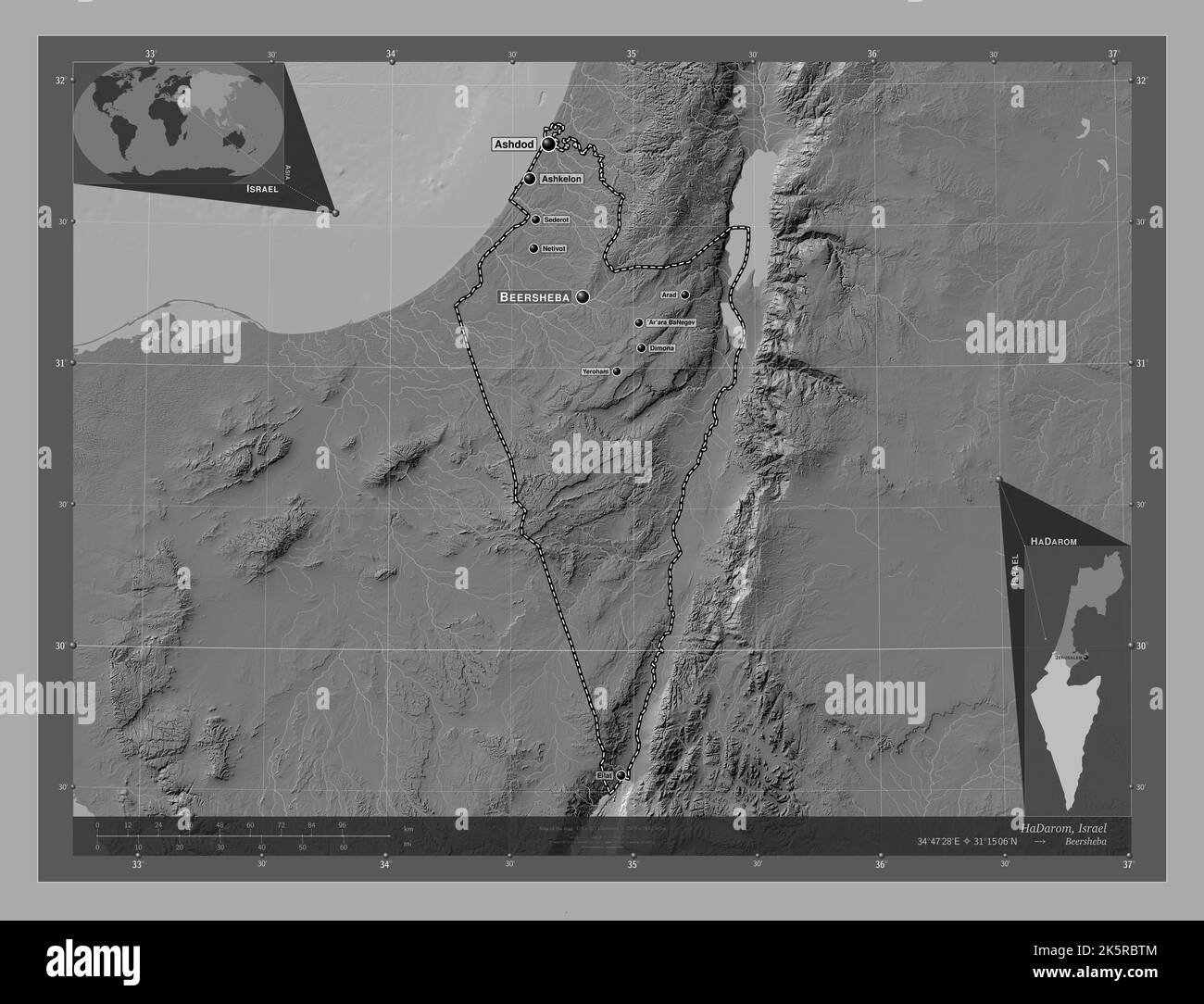 HaDarom, district of Israel. Bilevel elevation map with lakes and ...