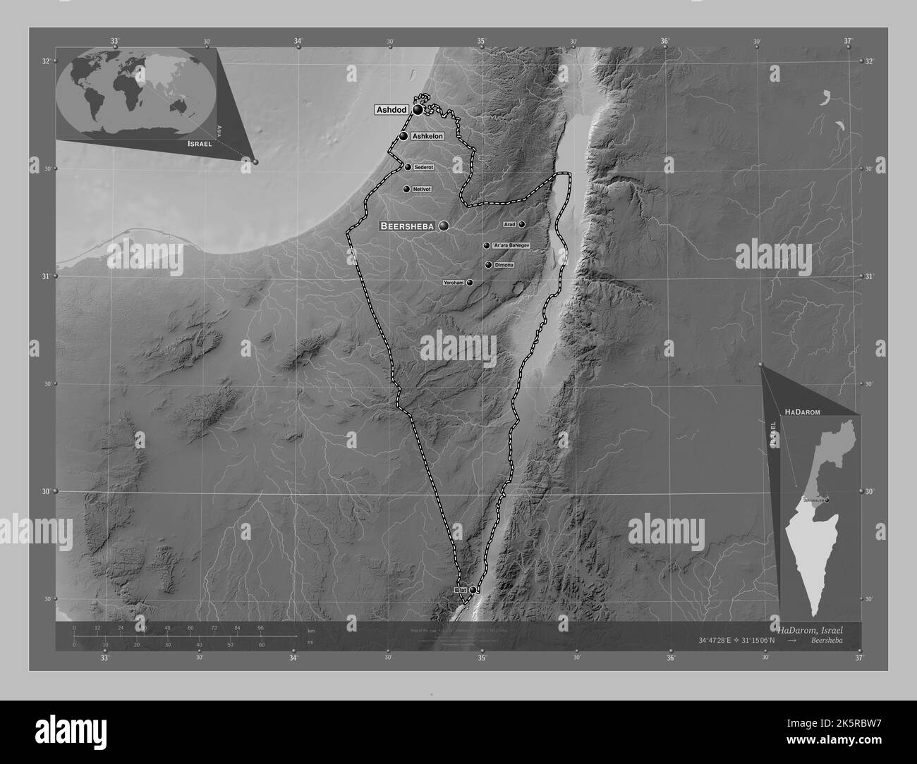 HaDarom, district of Israel. Grayscale elevation map with lakes and ...