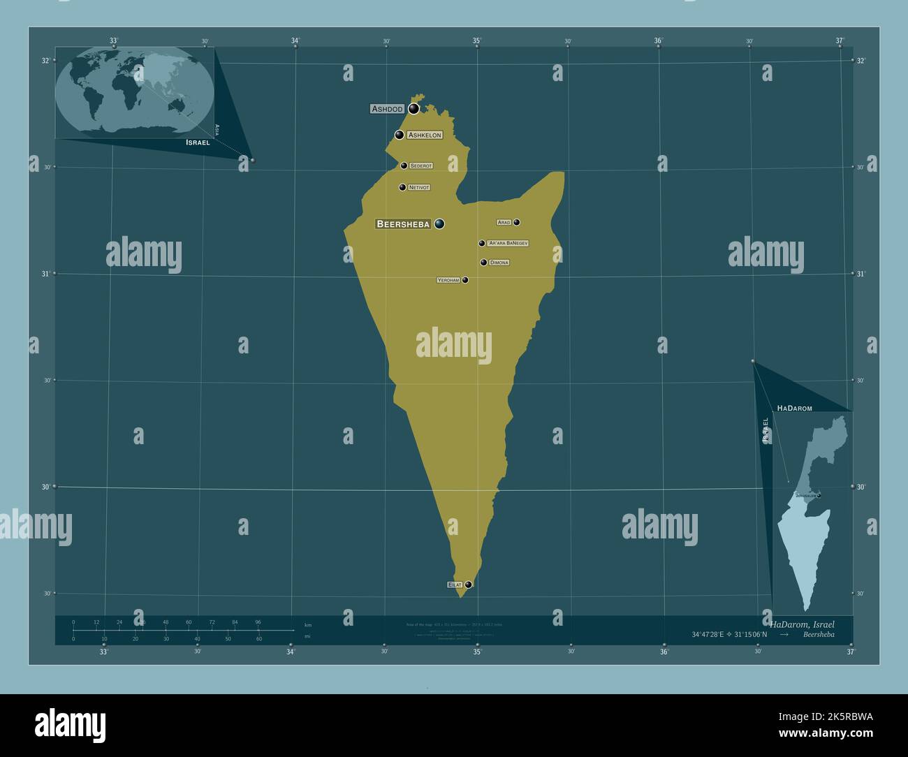 HaDarom, district of Israel. Solid color shape. Locations and names of ...