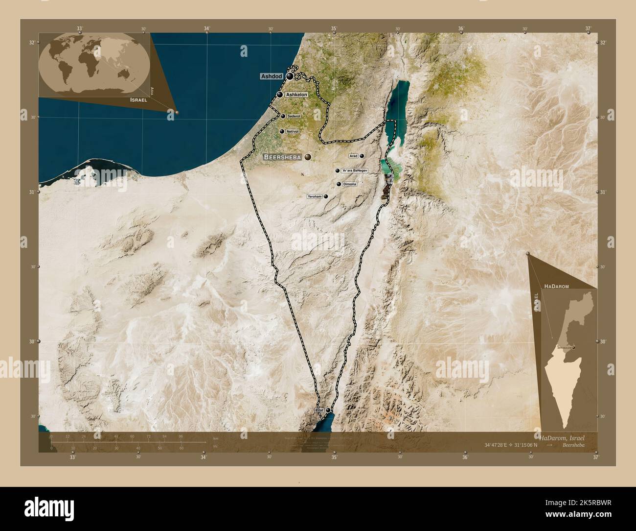 HaDarom, district of Israel. Low resolution satellite map. Locations ...