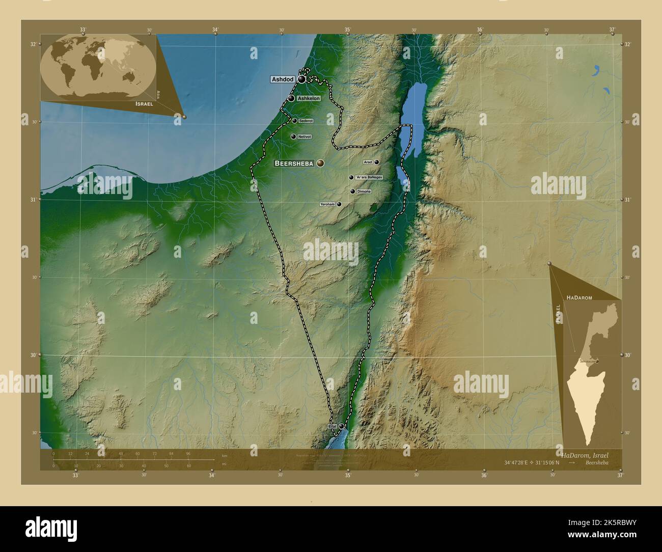 HaDarom, district of Israel. Colored elevation map with lakes and ...