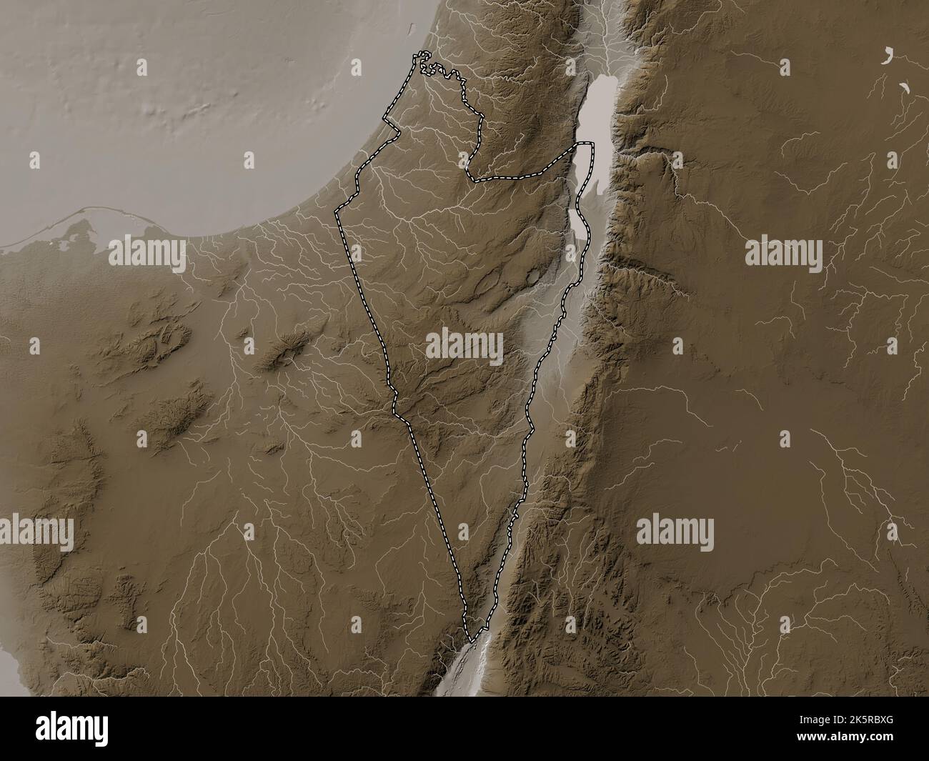 HaDarom, district of Israel. Elevation map colored in sepia tones with ...