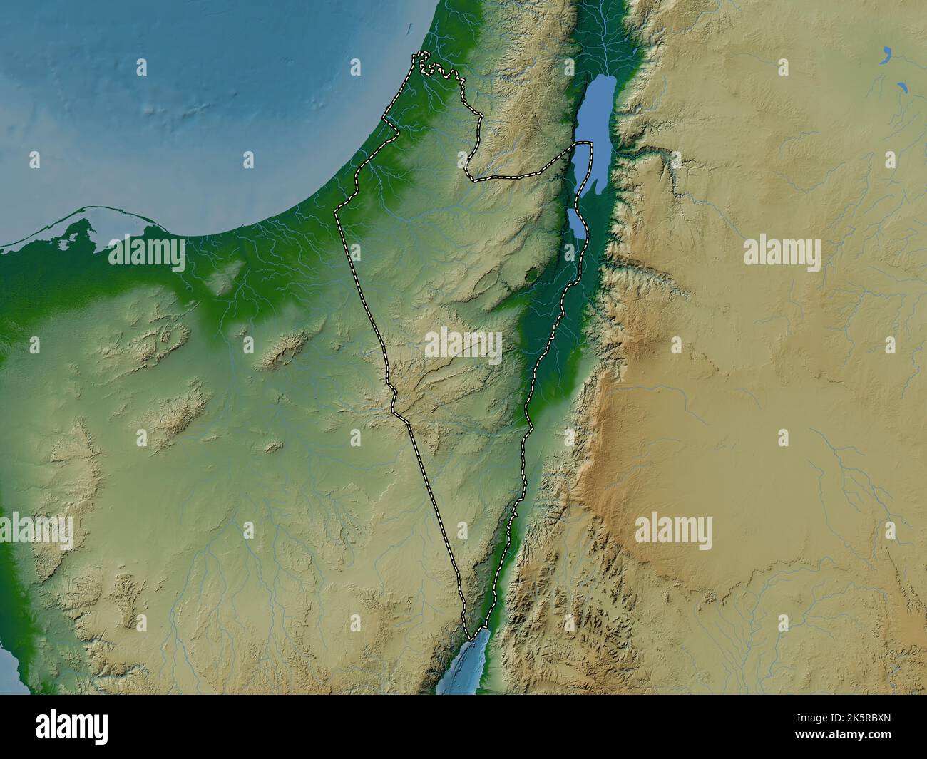 HaDarom, district of Israel. Colored elevation map with lakes and ...