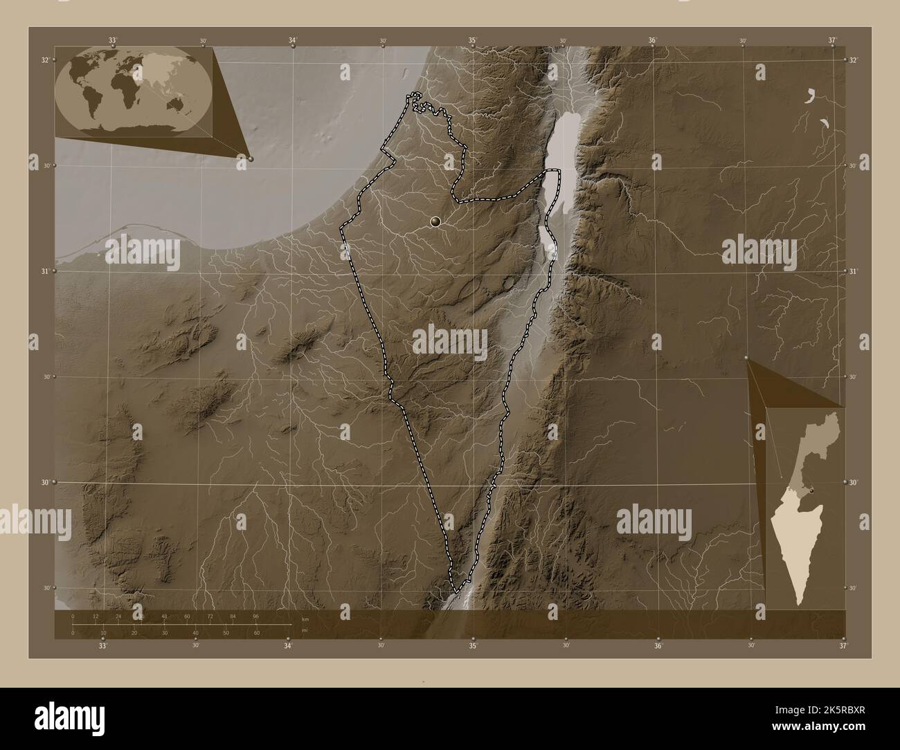 HaDarom, district of Israel. Elevation map colored in sepia tones with ...