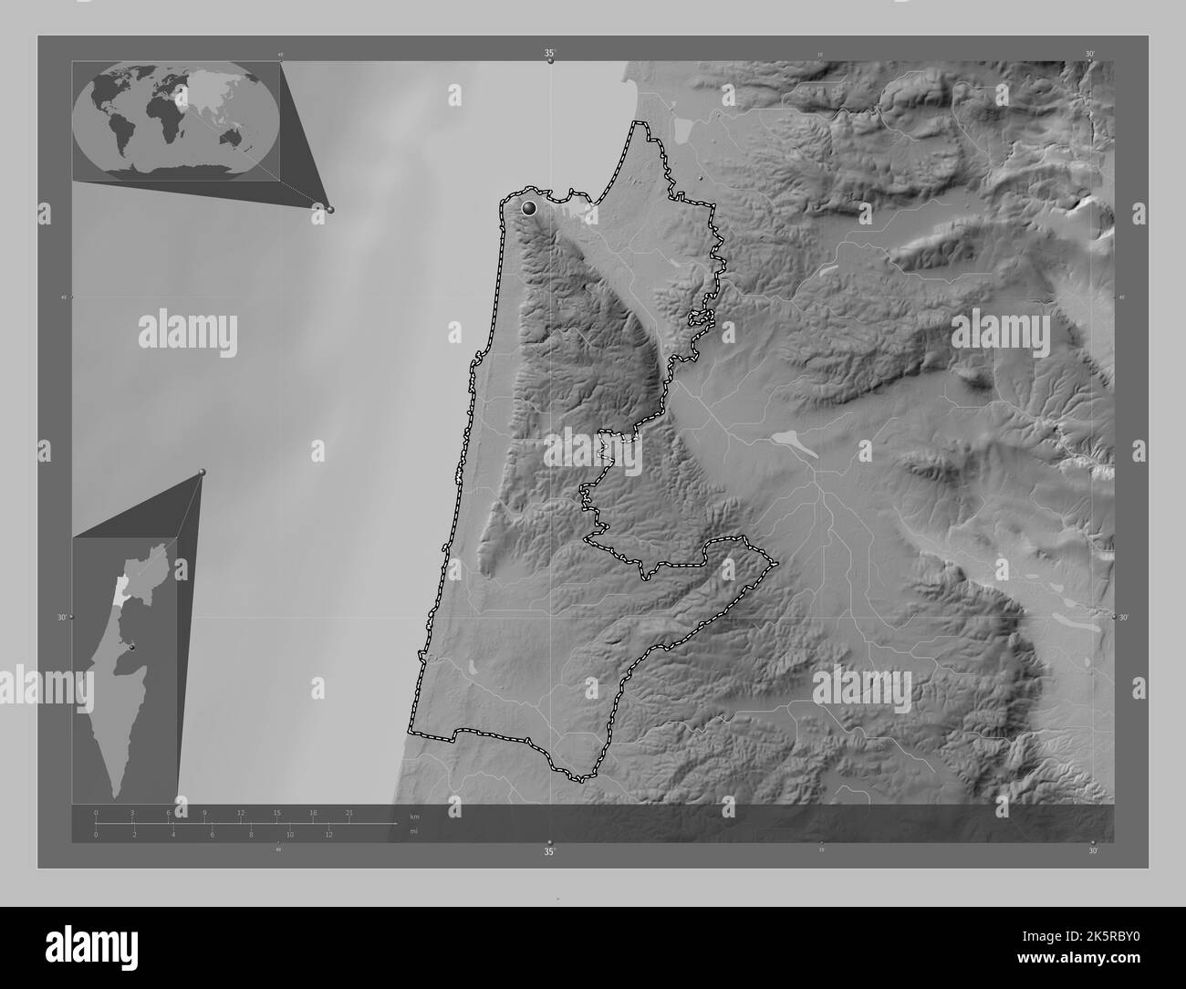 Haifa, district of Israel. Grayscale elevation map with lakes and ...