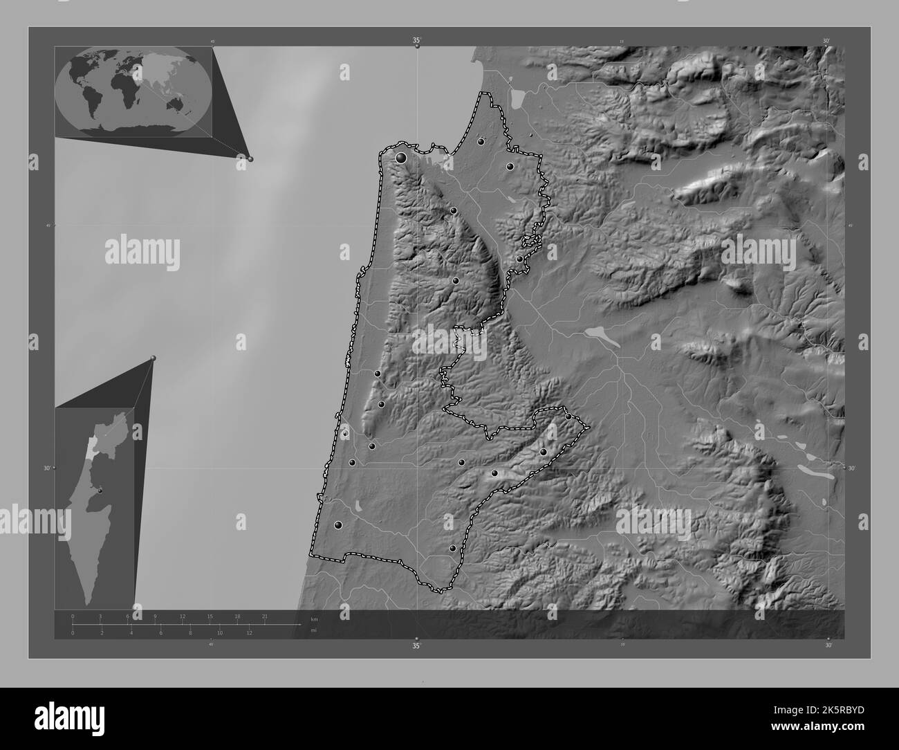 Haifa, district of Israel. Bilevel elevation map with lakes and rivers ...