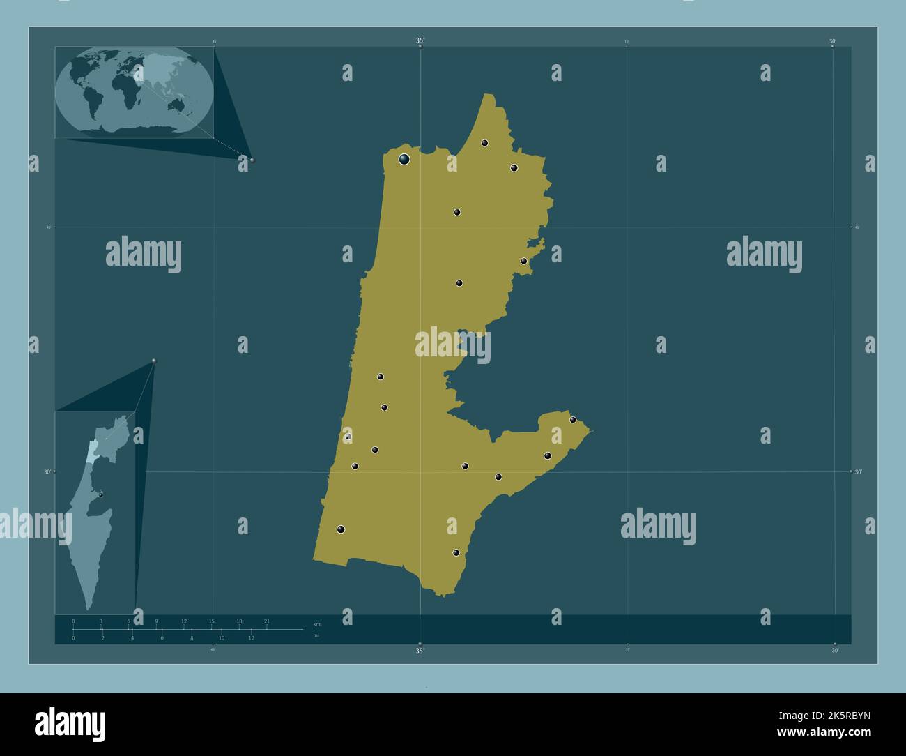 Haifa, district of Israel. Solid color shape. Locations of major cities ...