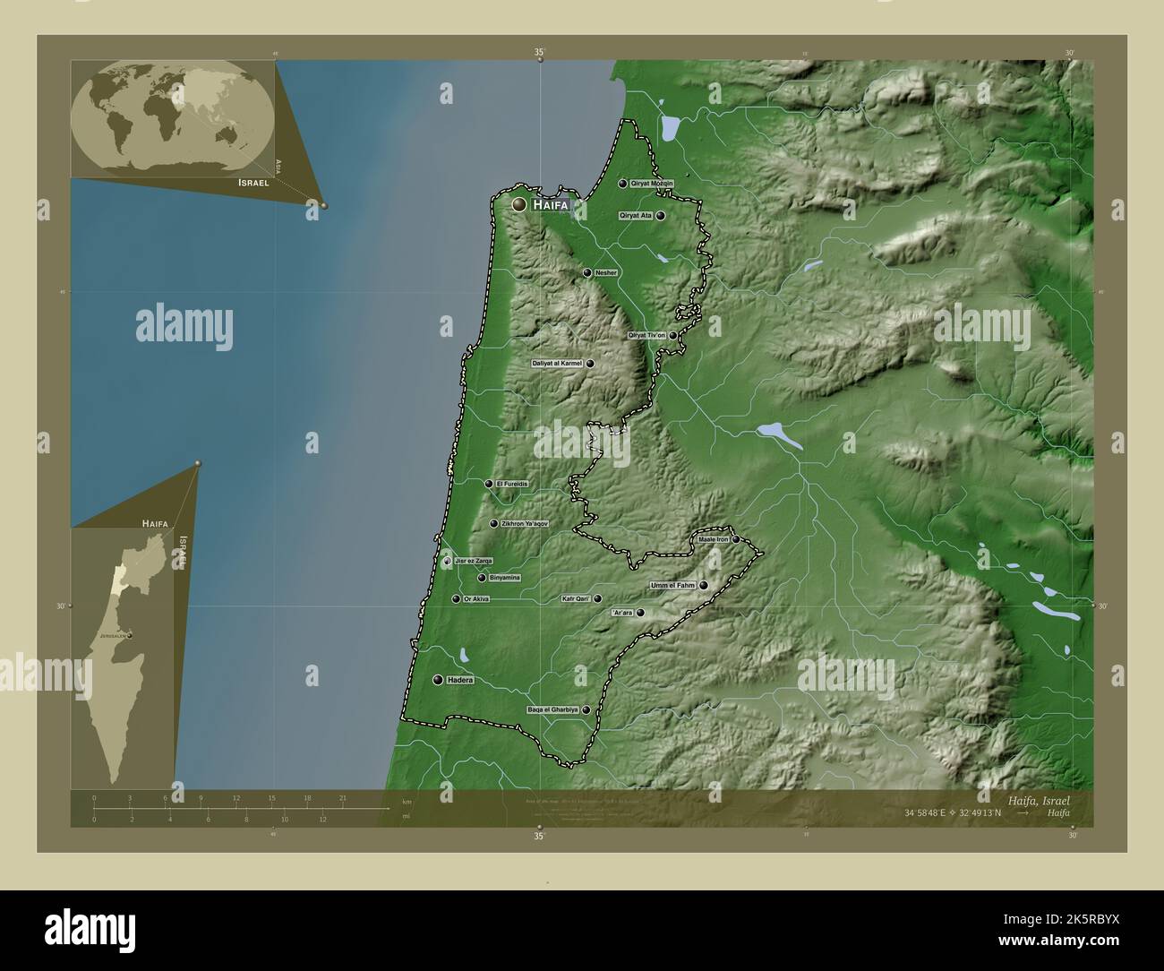Haifa, district of Israel. Elevation map colored in wiki style with ...