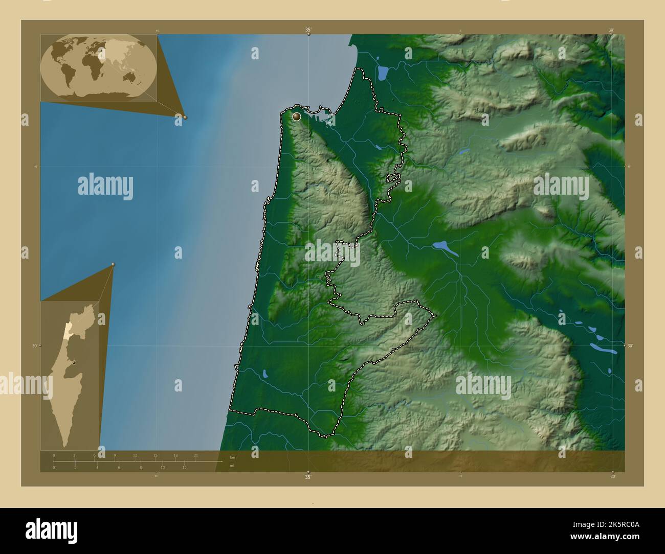 Haifa, district of Israel. Colored elevation map with lakes and rivers ...