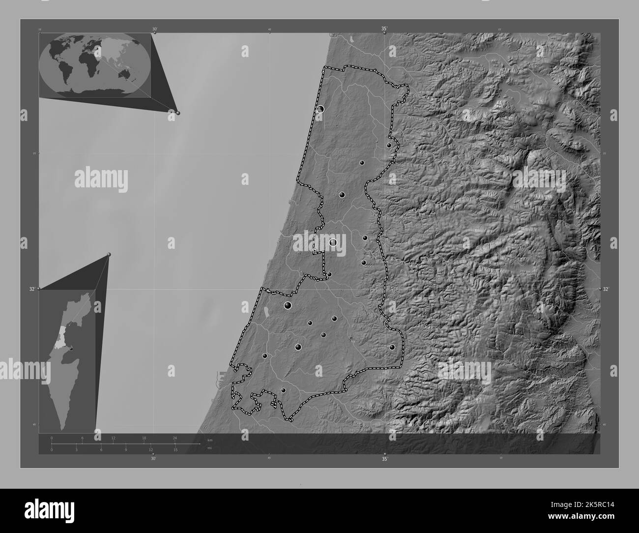 HaMerkaz, district of Israel. Bilevel elevation map with lakes and ...