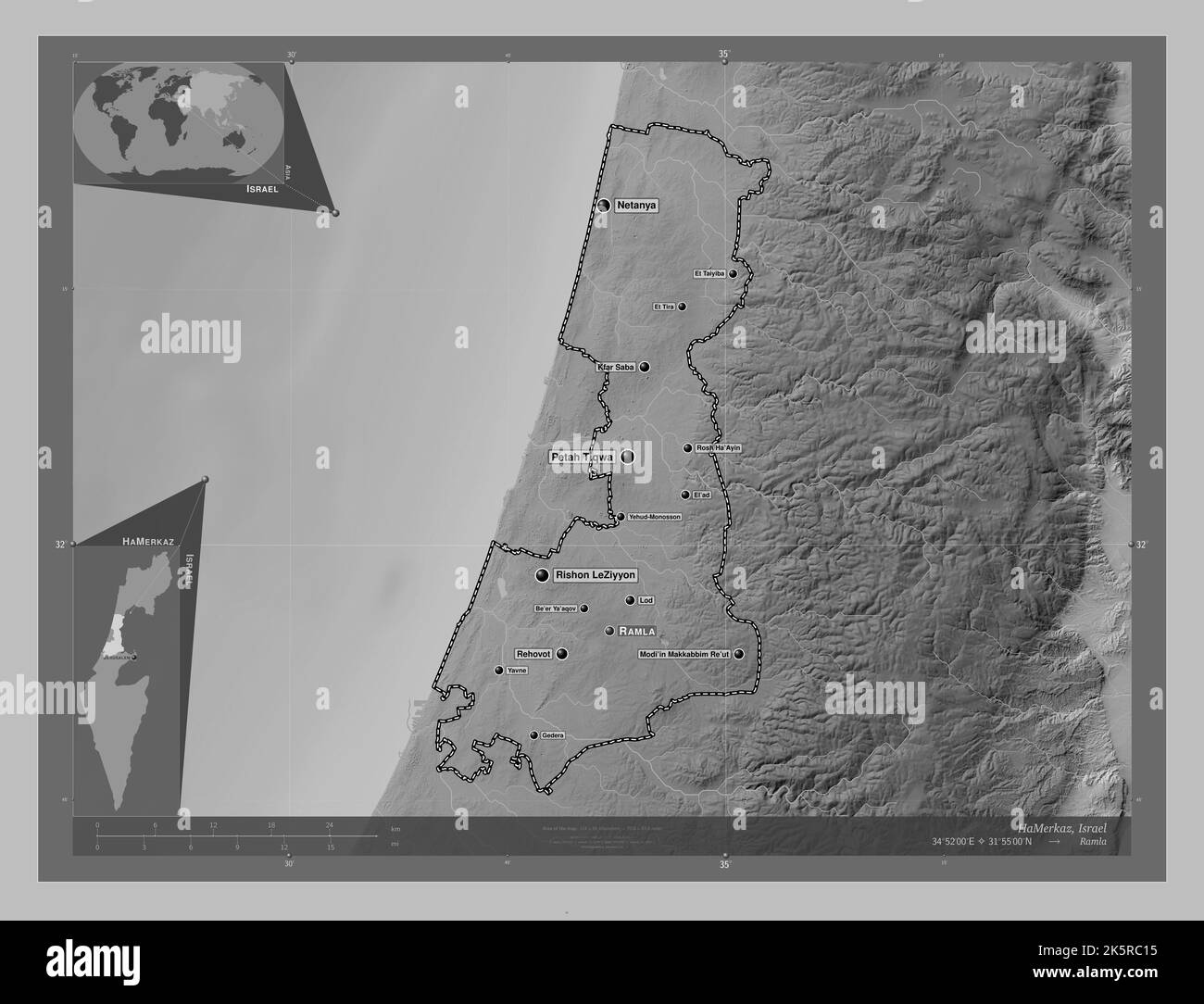 HaMerkaz, district of Israel. Grayscale elevation map with lakes and ...