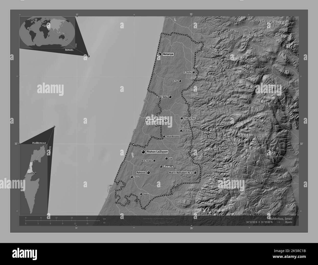 HaMerkaz, district of Israel. Bilevel elevation map with lakes and ...