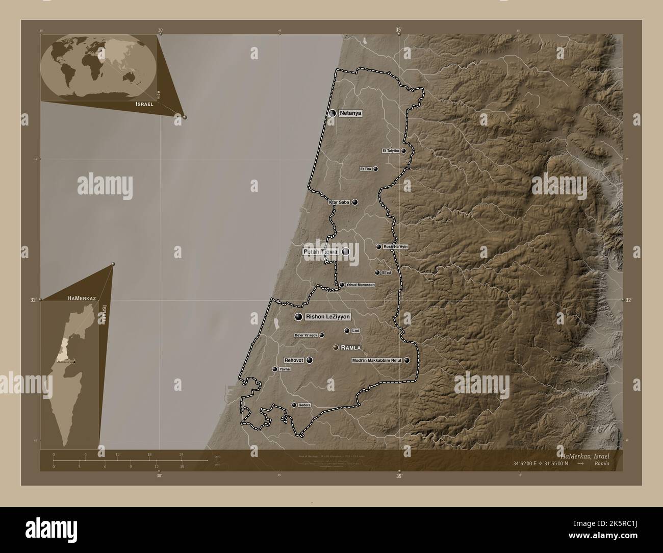 HaMerkaz, district of Israel. Elevation map colored in sepia tones with ...