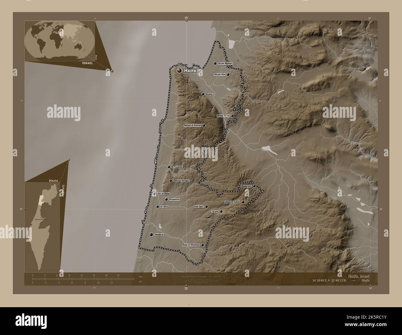 Haifa, district of Israel. Elevation map colored in sepia tones with ...
