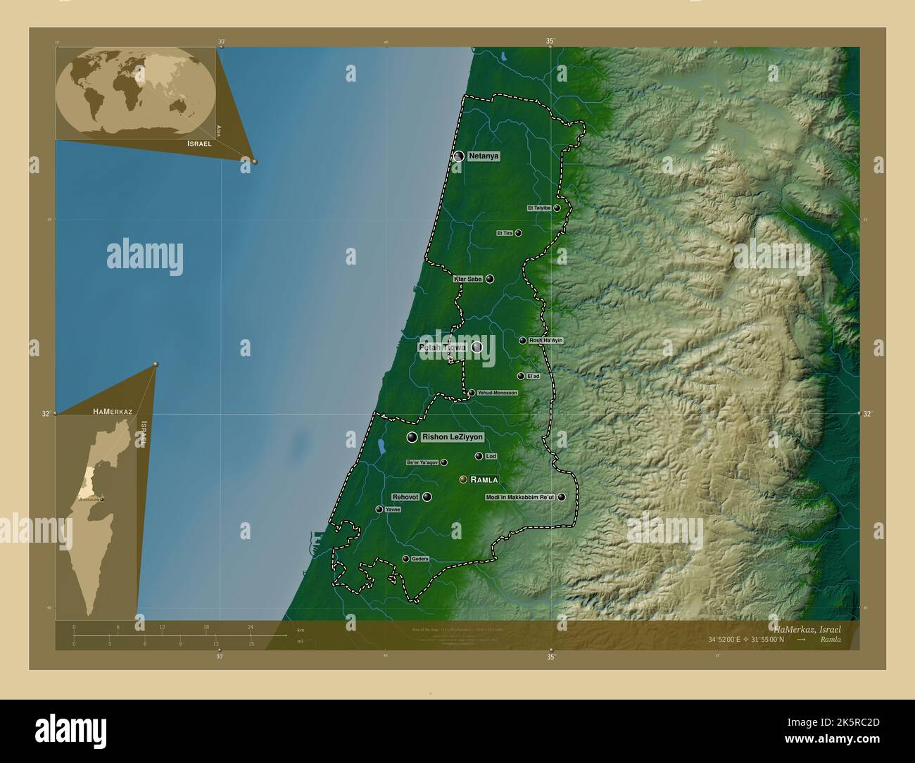 HaMerkaz, district of Israel. Colored elevation map with lakes and ...