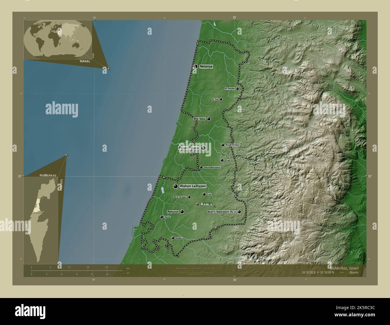 HaMerkaz, district of Israel. Elevation map colored in wiki style with ...