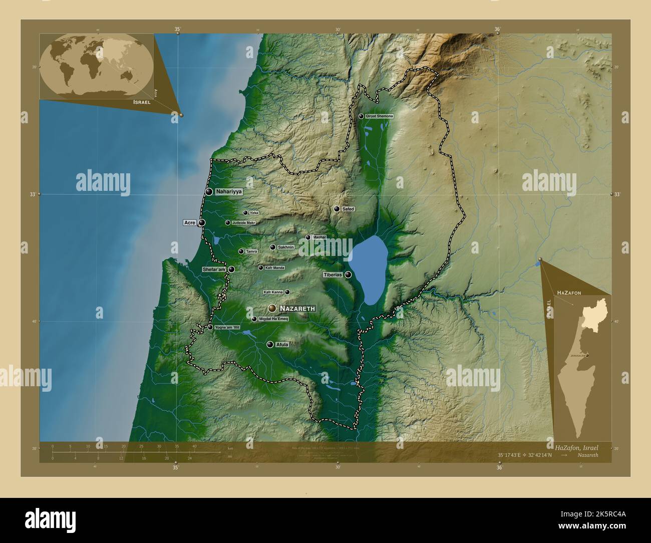 HaZafon, district of Israel. Colored elevation map with lakes and ...