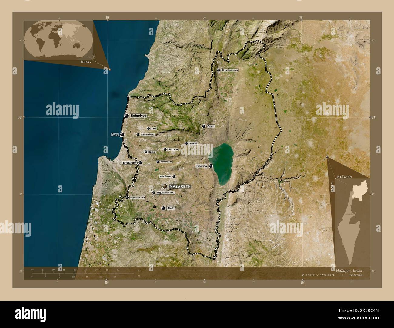 HaZafon, district of Israel. Low resolution satellite map. Locations ...