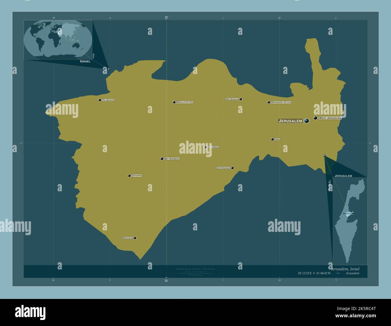 Jerusalem, district of Israel. Solid color shape. Locations and names ...