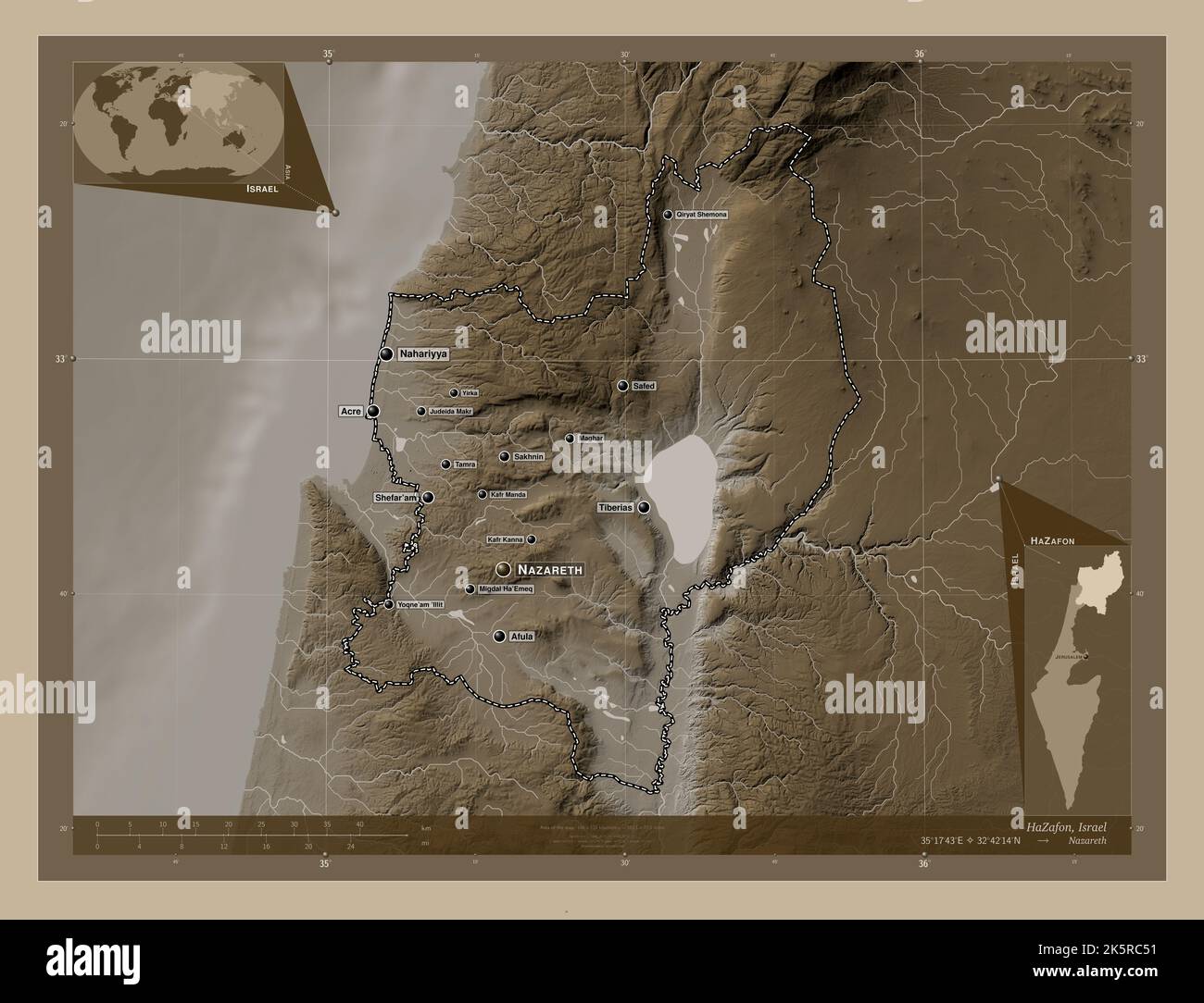 HaZafon, district of Israel. Elevation map colored in sepia tones with ...