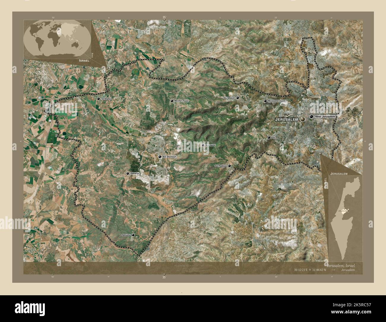Jerusalem, district of Israel. High resolution satellite map. Locations ...