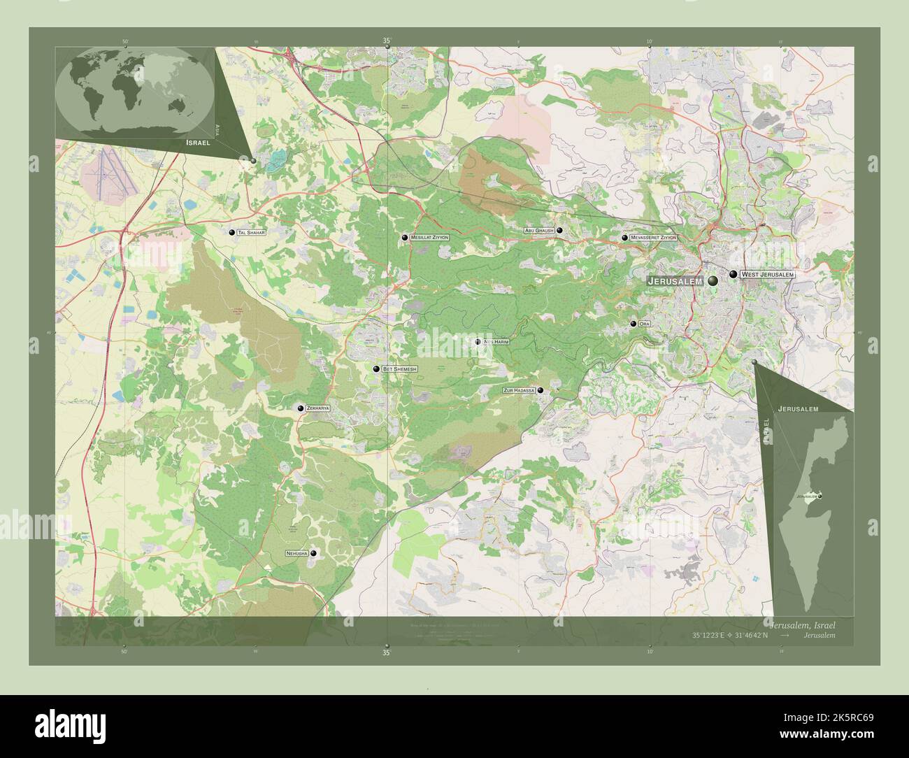 Jerusalem, district of Israel. Open Street Map. Locations and names of ...