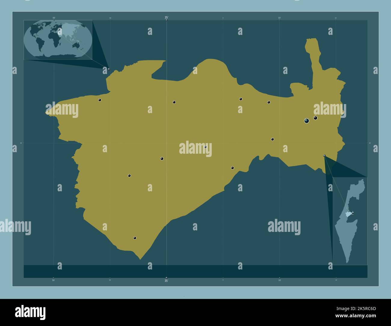 Jerusalem, district of Israel. Solid color shape. Locations of major ...