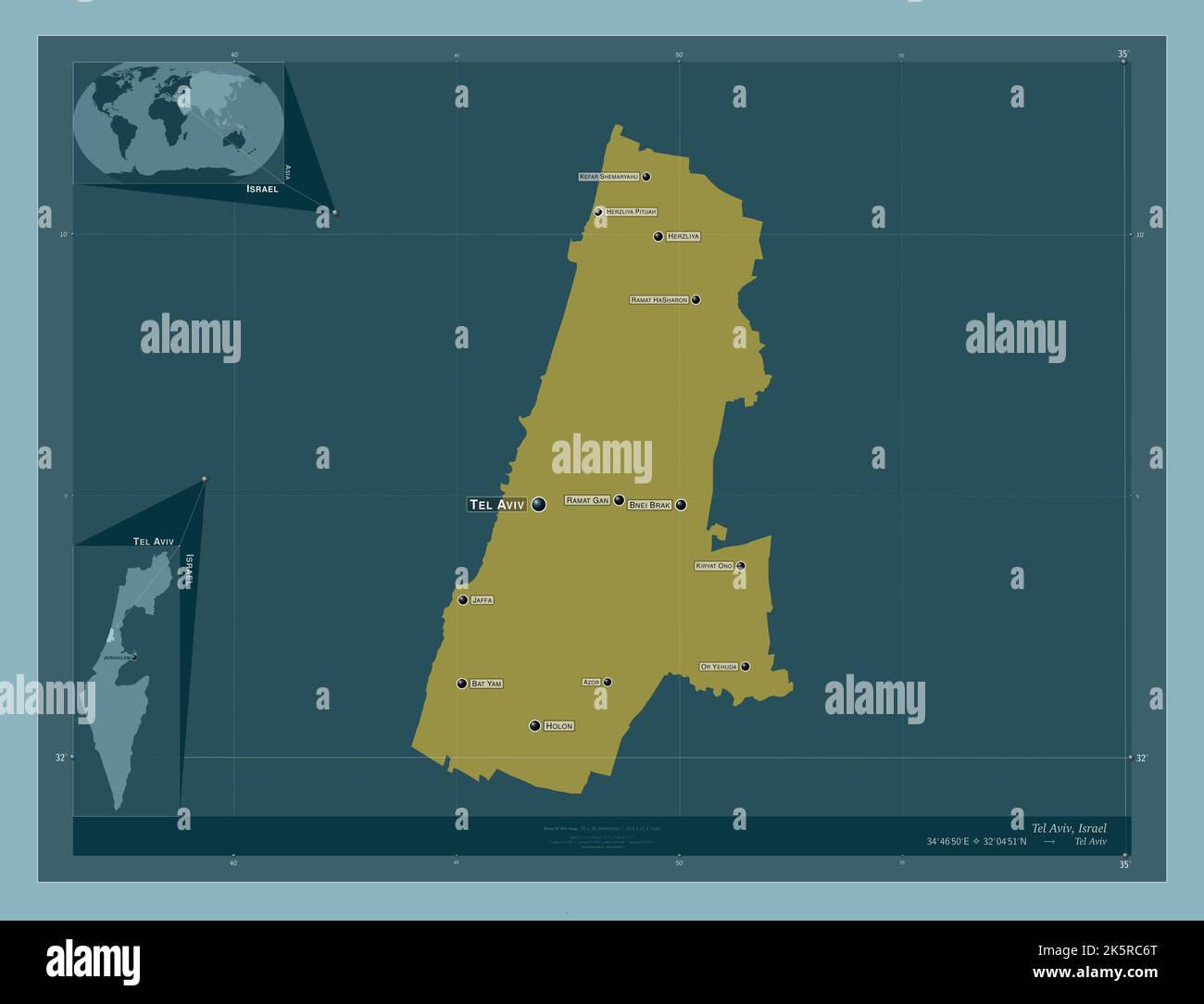 Tel Aviv, district of Israel. Solid color shape. Locations and names of ...