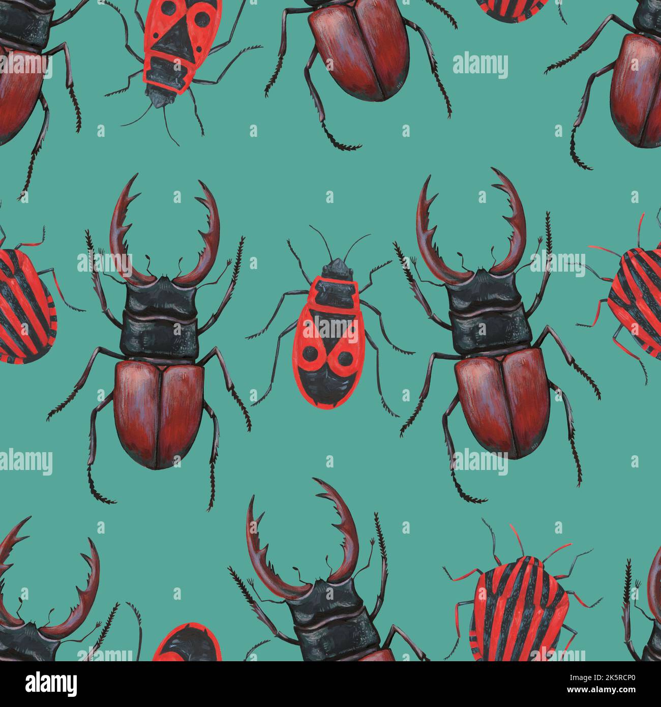 Seamless pattern with realistic stag beetles, lucanus cervus and red ...