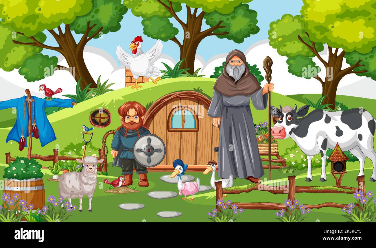 Enchanted scene with medieval cartoon characters illustration Stock ...