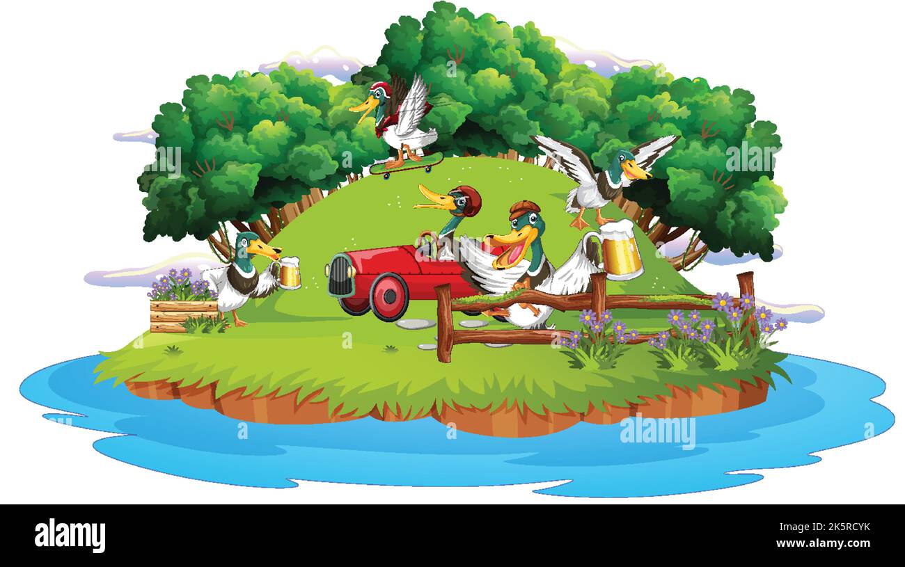 Happy duck group in nature scene illustration Stock Vector Image & Art ...