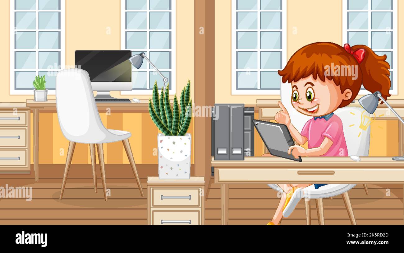 Little girl using tablet at home illustration Stock Vector Image & Art ...