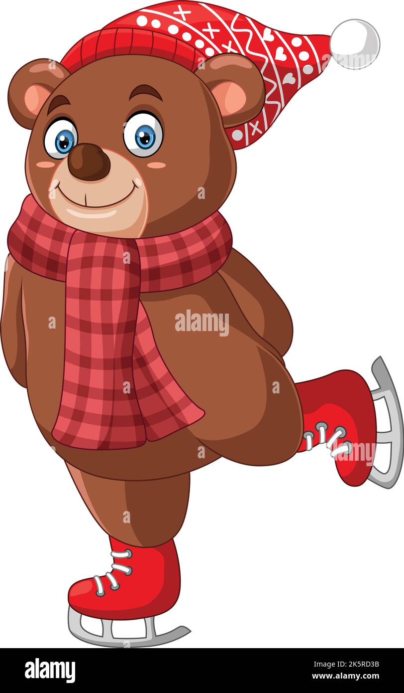 Cute bear cartoon wearing scarf and red hat on ice skating Stock Vector ...