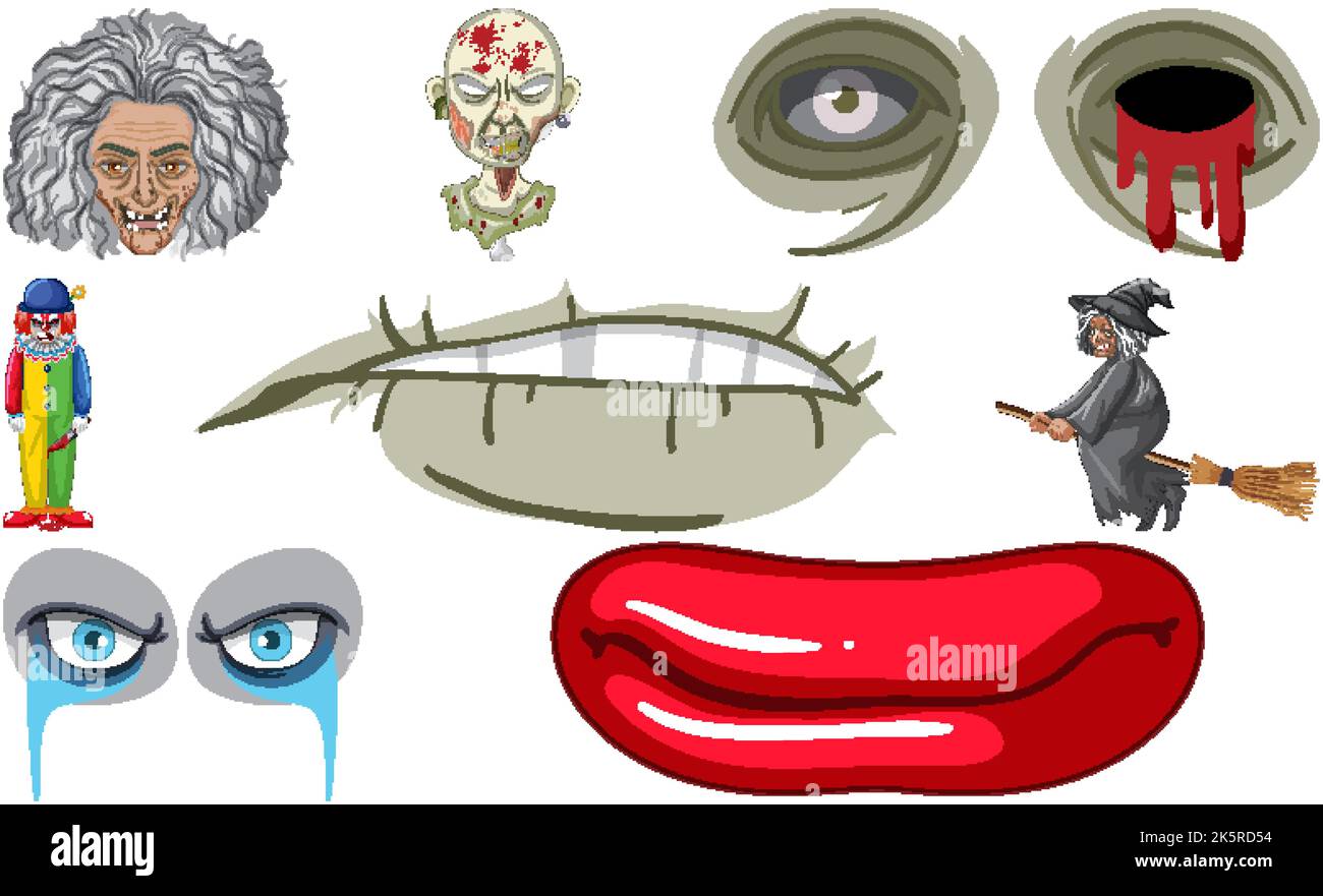 Set of horror halloween objects and cartoon characters illustration ...
