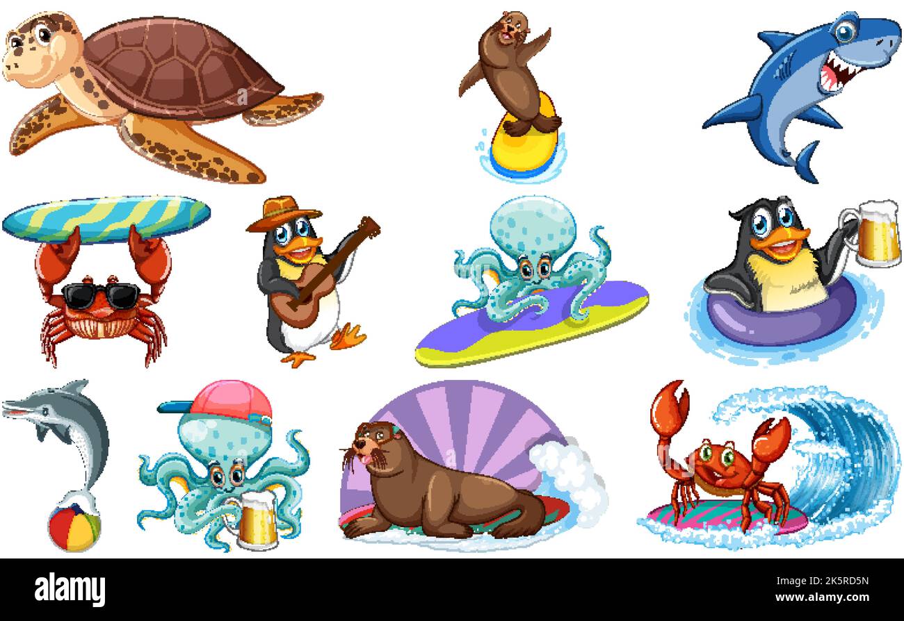 Set of various sea animals cartoon characters illustration Stock Vector ...
