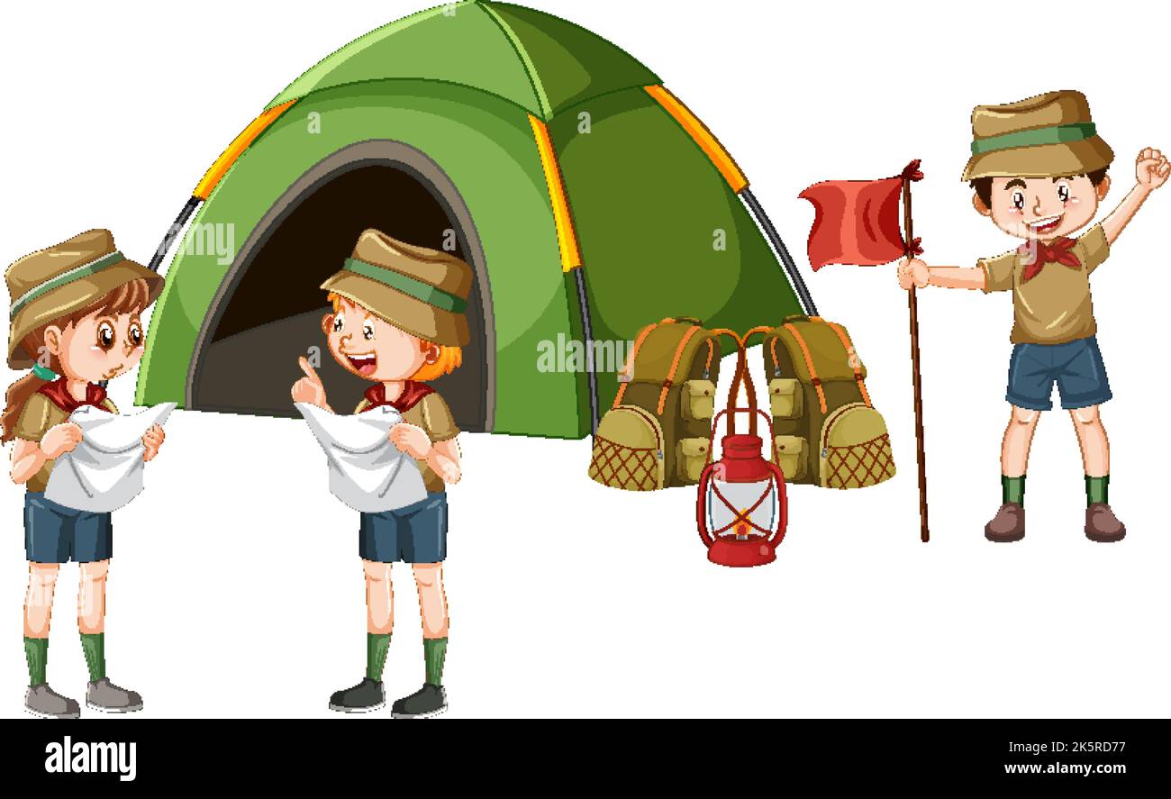 Outdoor camping with kids cartoon character illustration Stock Vector ...