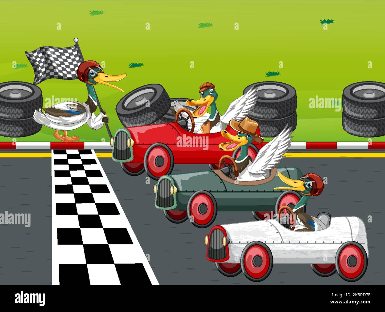 Soap box derby race with ducks cartoon character illustration Stock ...