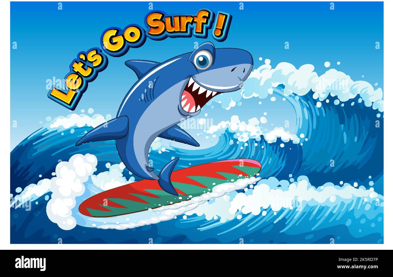 Cute shark surfing cartoon ocean scene illustration Stock Vector Image ...
