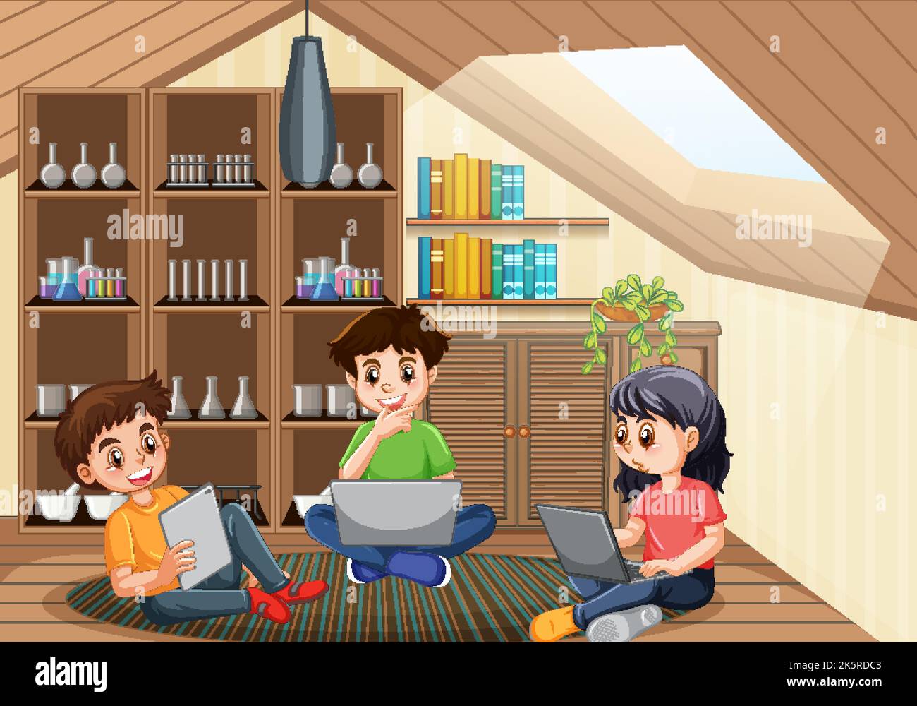 Children using technology devices at home illustration Stock Vector ...