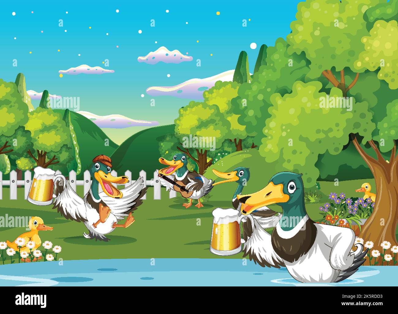 Outdoor scene with cartoon ducks illustration Stock Vector Image & Art ...