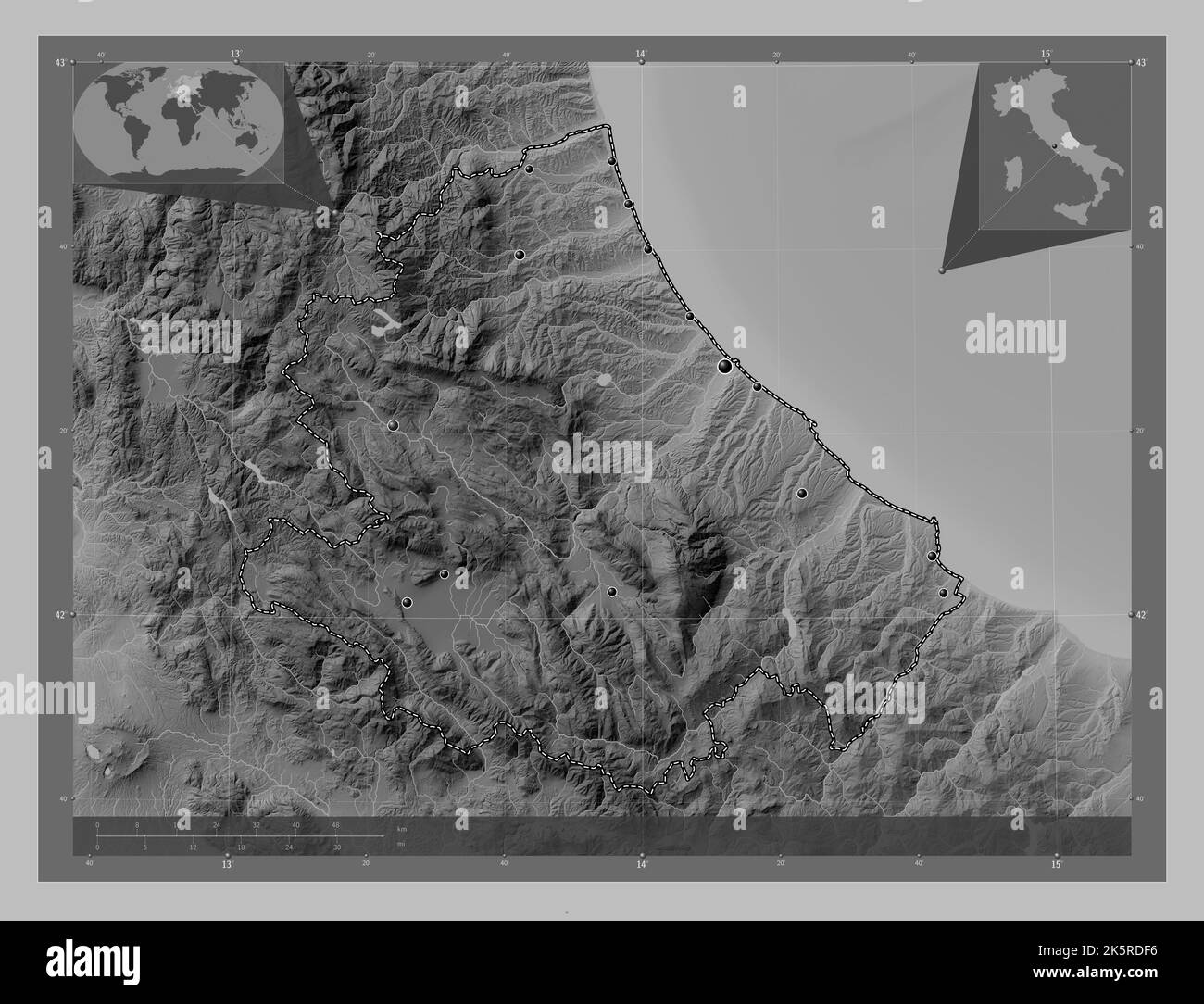 Abruzzo, region of Italy. Grayscale elevation map with lakes and rivers ...