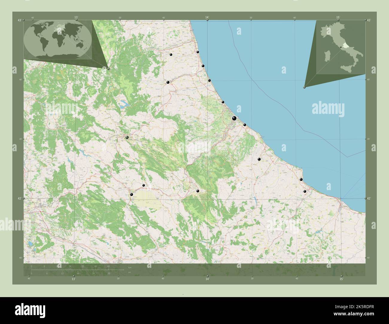Abruzzo, region of Italy. Open Street Map. Locations of major cities of ...
