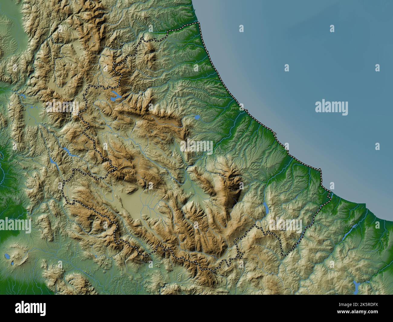 Abruzzo, region of Italy. Colored elevation map with lakes and rivers ...