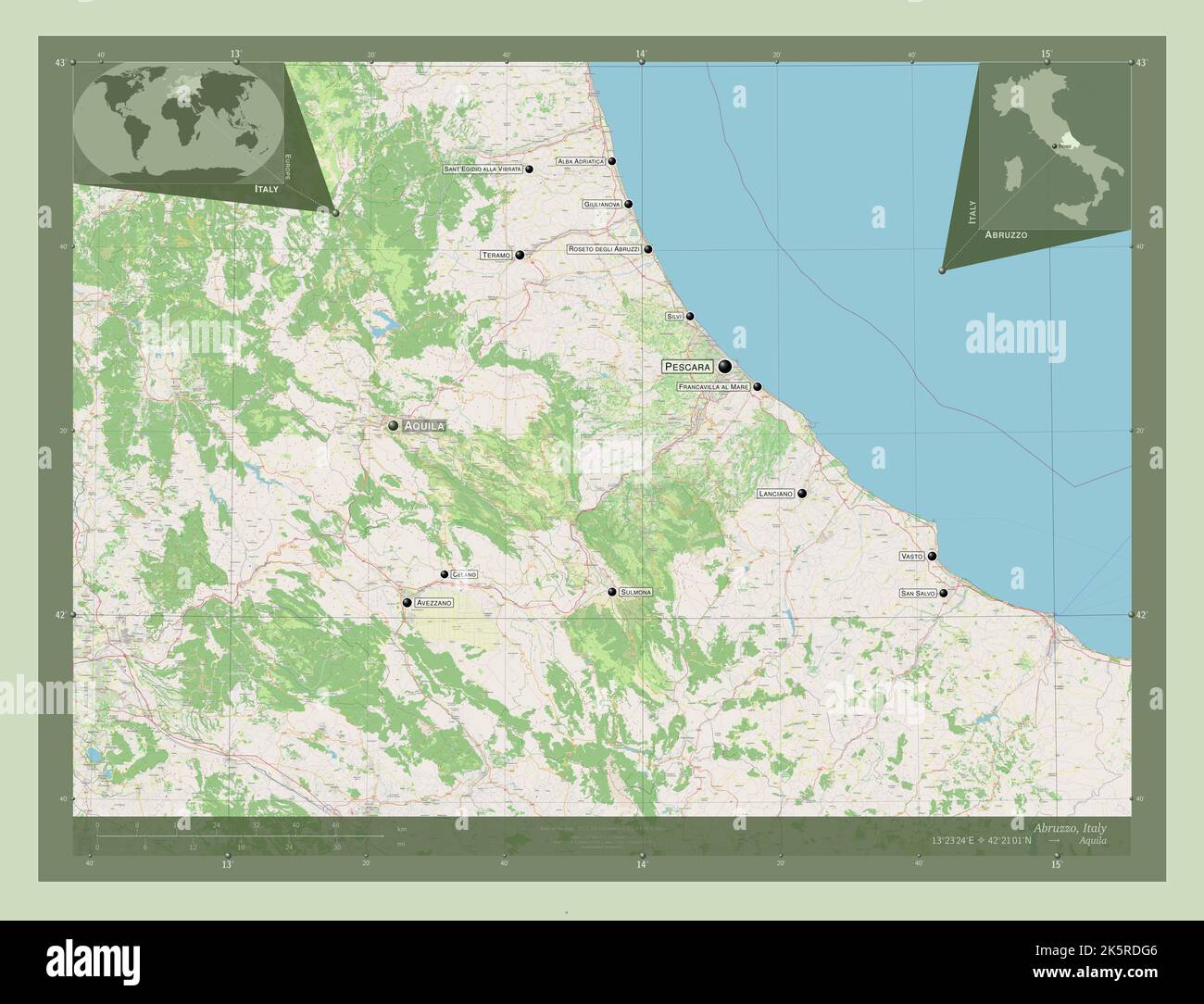 Abruzzo, region of Italy. Open Street Map. Locations and names of major ...