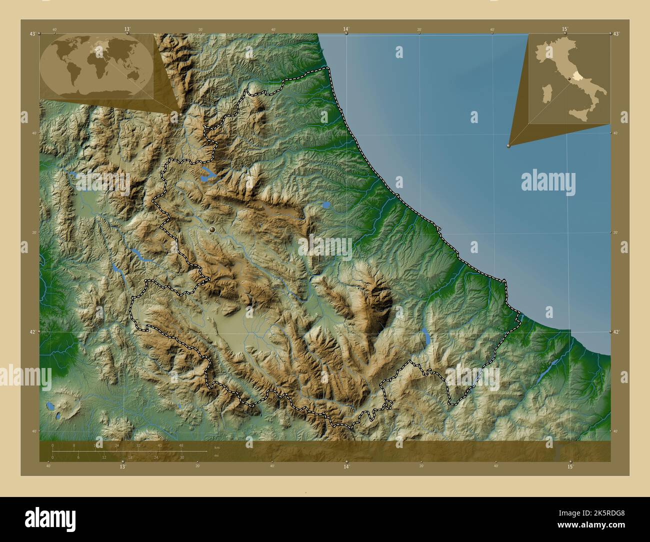 Abruzzo, region of Italy. Colored elevation map with lakes and rivers ...