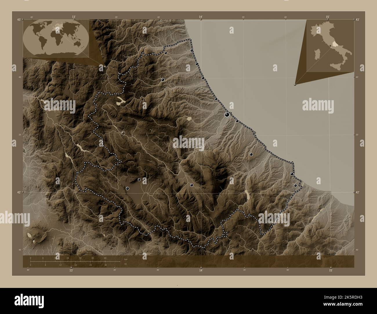 Abruzzo, region of Italy. Elevation map colored in sepia tones with ...