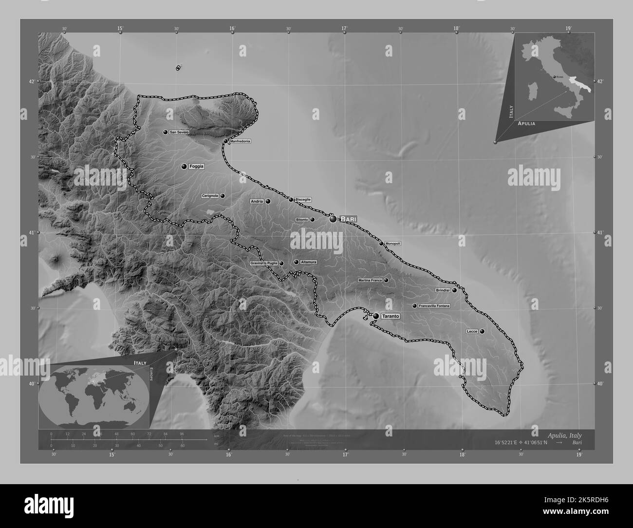 Apulia, region of Italy. Grayscale elevation map with lakes and rivers ...